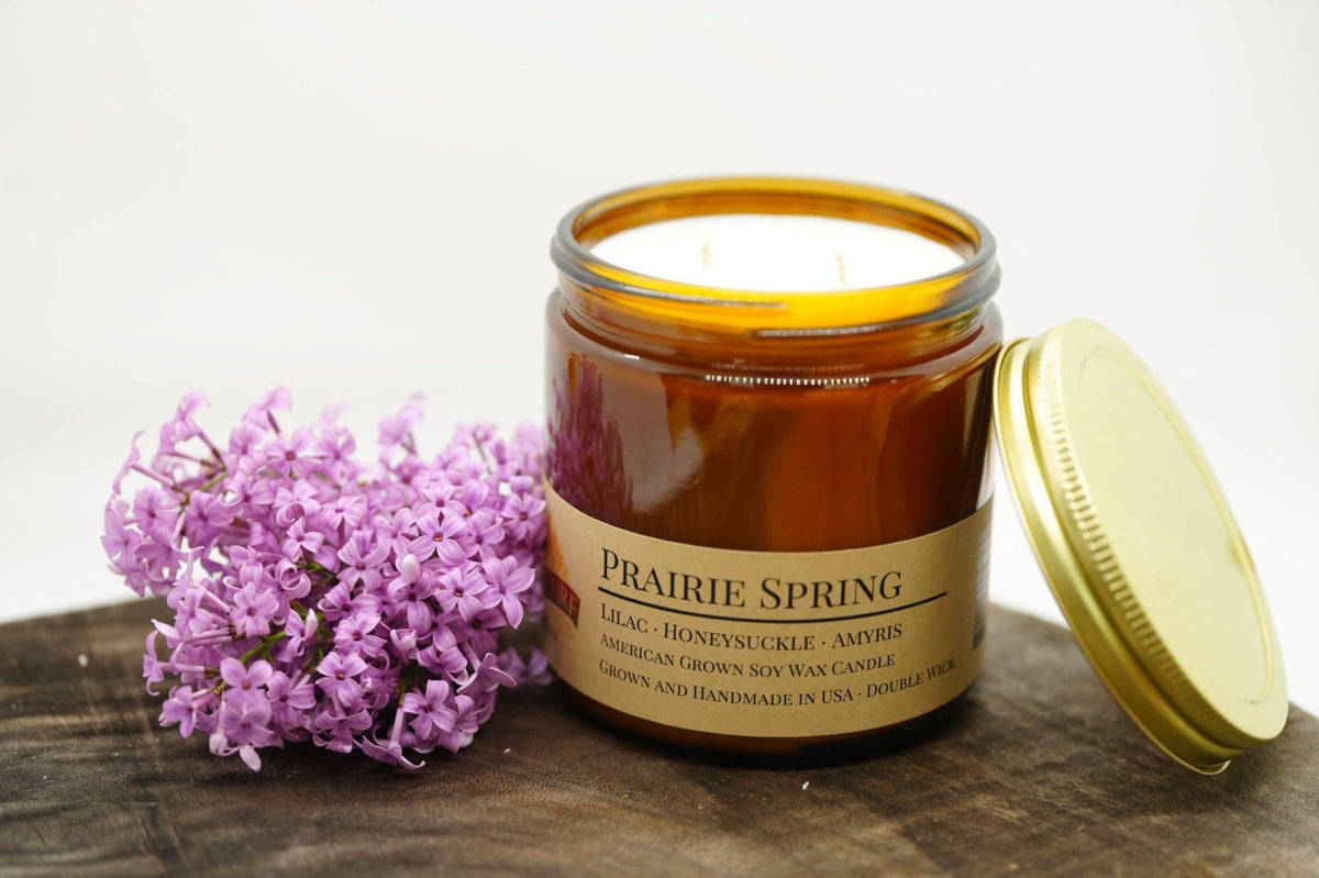 PRAIRIE FIRE Prairie Spring Soy Wax Candle | 16 oz Double Wick Amber A ...